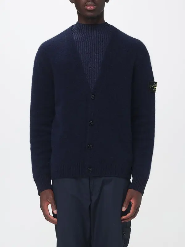 Stone Island Virgin Wool And Alpaca Blend Cardigan With Logo Patch - Blue 1
