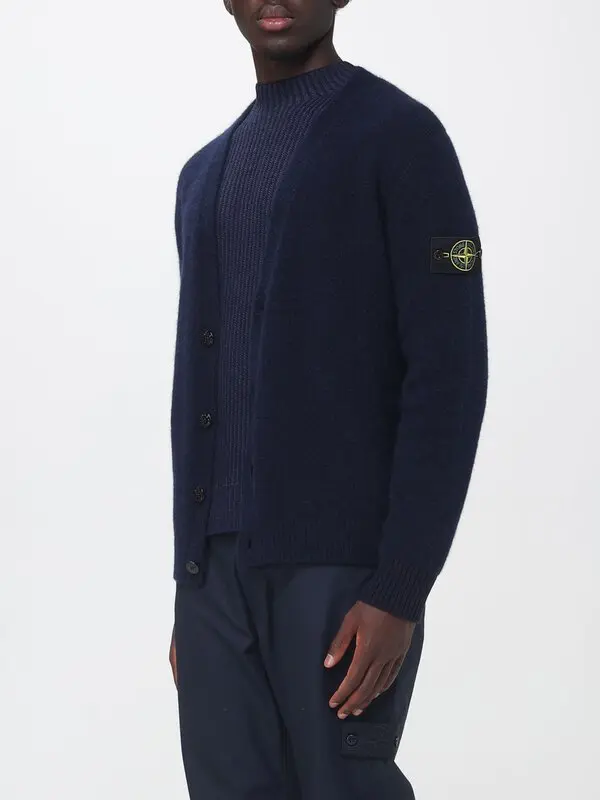 Stone Island Virgin Wool And Alpaca Blend Cardigan With Logo Patch - Blue 1