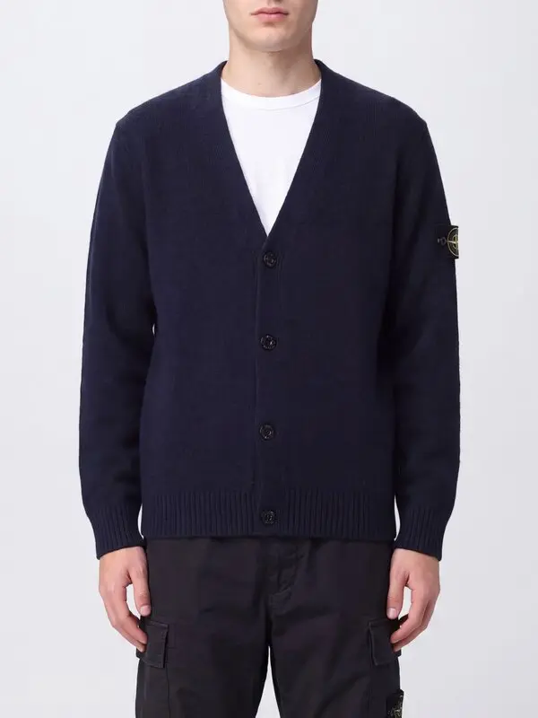 Stone Island Virgin Wool And Alpaca Blend Cardigan With Logo Patch - Blue