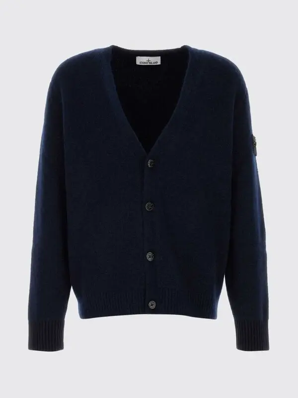 Stone Island Virgin Wool And Alpaca Blend Cardigan With Logo Patch - Blue