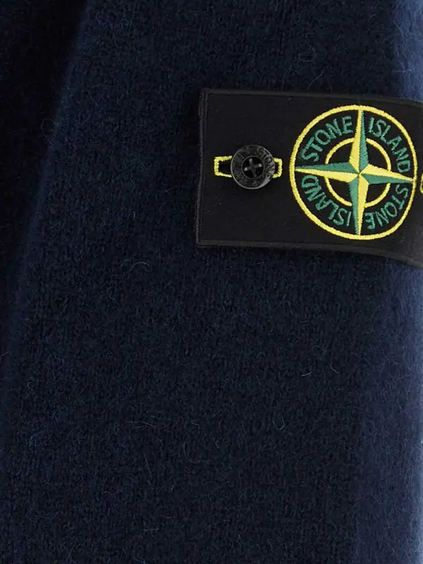 Stone Island Virgin Wool And Alpaca Blend Cardigan With Logo Patch - Blue