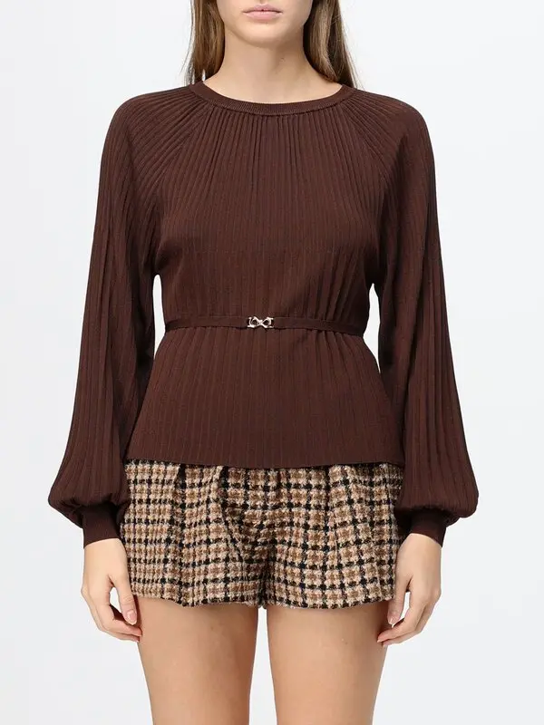 TWINSET Pleated Crewneck Jumper In Viscose Blend With Belt - Coffee
