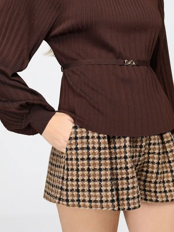 TWINSET Pleated Crewneck Jumper In Viscose Blend With Belt - Coffee