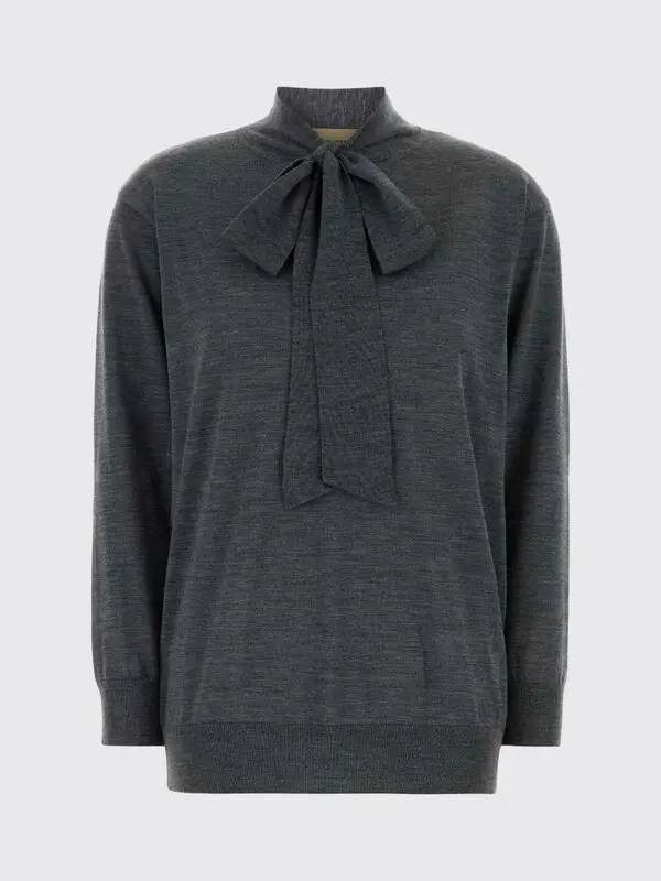 Valentino Garavani Pussy-bow Neck Sweater In Pure Virgin Wool - Grey