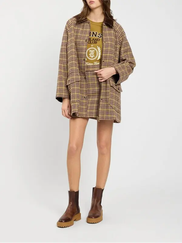 TWINSET Single-breasted Short Houndstooth Wool Blend Coat With Velvet Collar