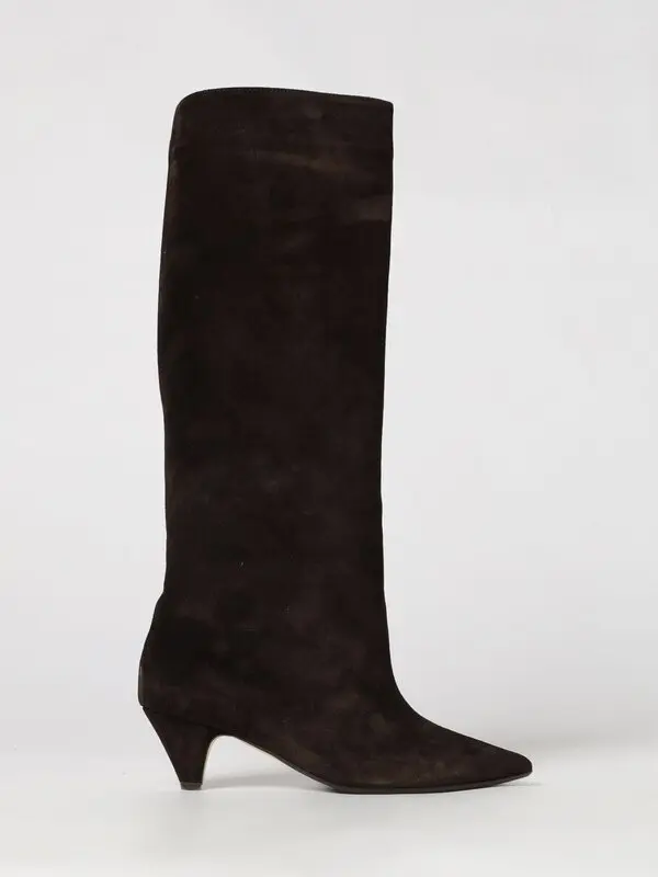 ANNA F. Suede Leather Knee-high Boots With Cone Heel - Dark
