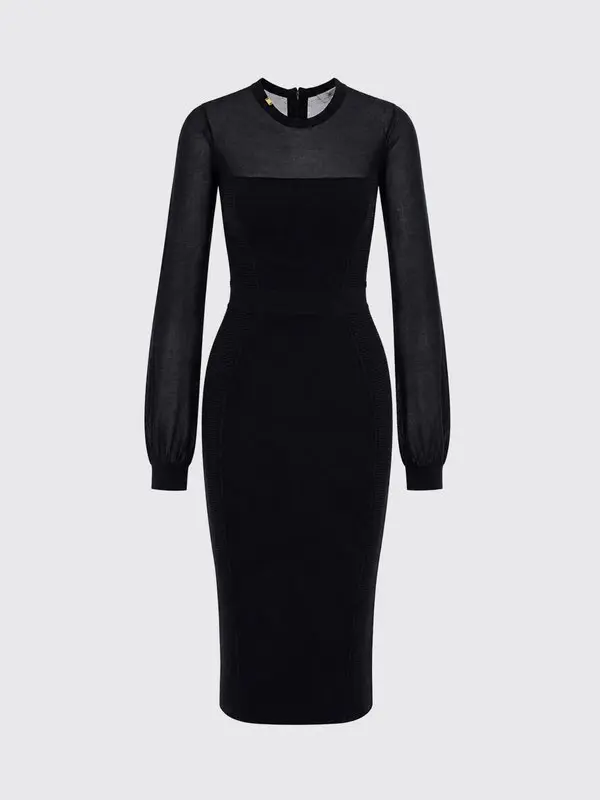Elisabetta Franchi Viscose Midi Sheath Dress With Puff Sleeves