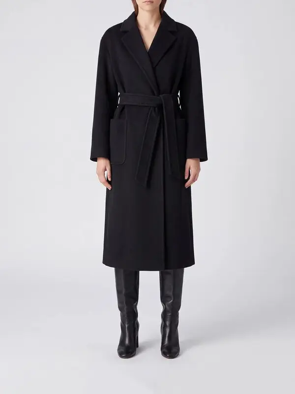 Max Mara Long Wool Robe Coat With Matching Belt - Black