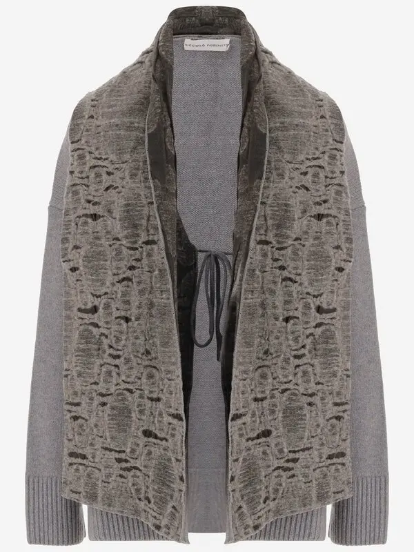 NICCOLO PASQUALETTI Open Front Wool And Cashmere Sweater With Embroidered Shawl - Grey