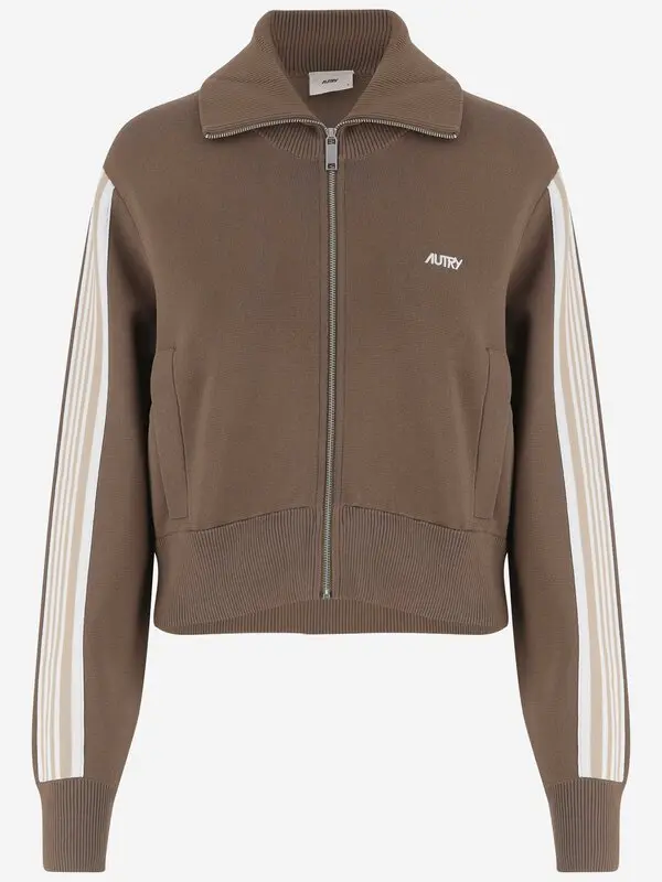 AUTRY Viscose Blend Sweatshirt With Zipper And Side Stripes - Brown