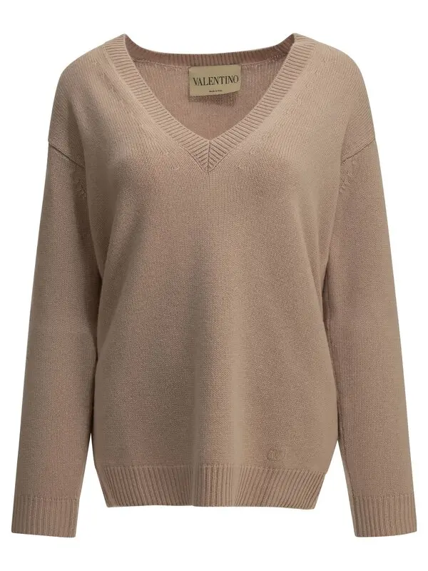 Valentino Garavani V Neck Cashmere Sweater - Beige