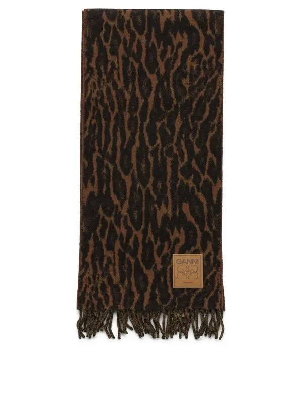 GANNI Scarf With Fringes And Logo - Brown