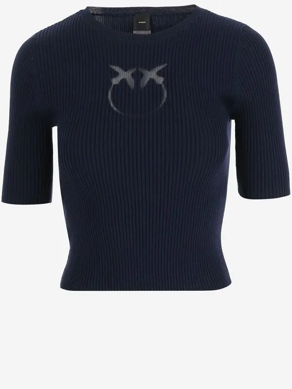 Pinko Short Sleeved Wool Blend Sweater With Logo - Navy