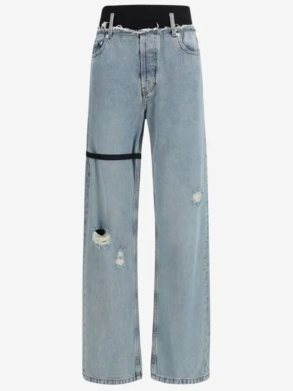 ALAINPAUL Wide Leg Cotton Jeans With Contrast Band