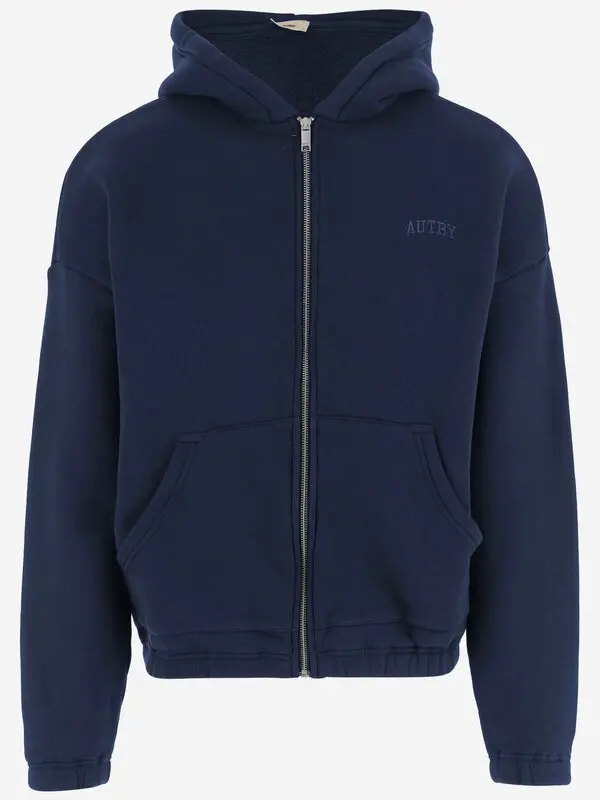 AUTRY Cotton Zip Up Hoodie With Logo - Navy