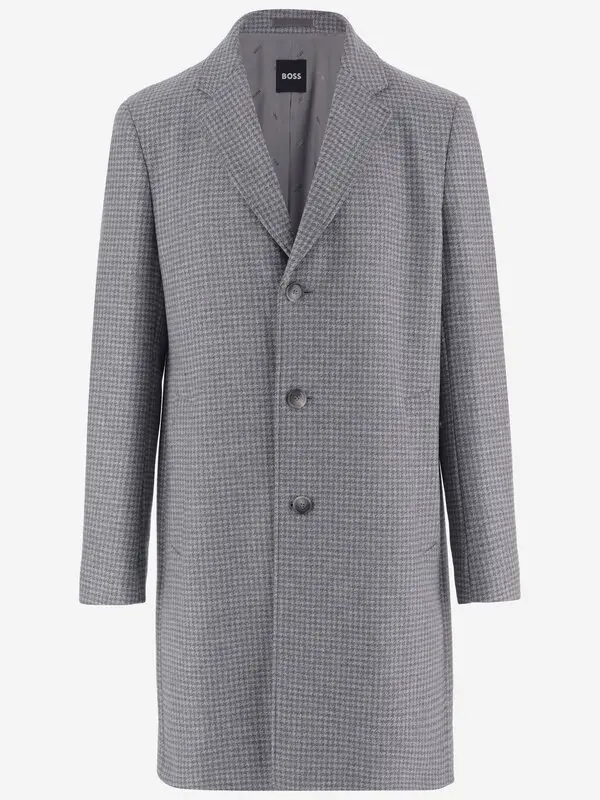 Hugo Boss Wool Coat With Henspeat Pattern - Grey