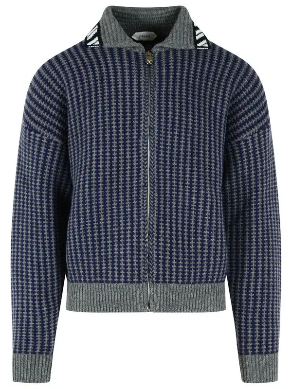 Versace Blue And Knit Zip Cardigan - Grey