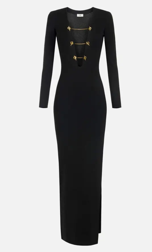 Elisabetta Franchi Red Carpet Knit Dress With Jeweled Chains - Nero