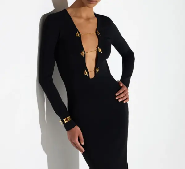 Elisabetta Franchi Red Carpet Knit Dress With Jeweled Chains