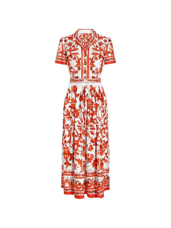 Dolce & Gabbana Maiolica Print Silk Maxi Dress - Orange
