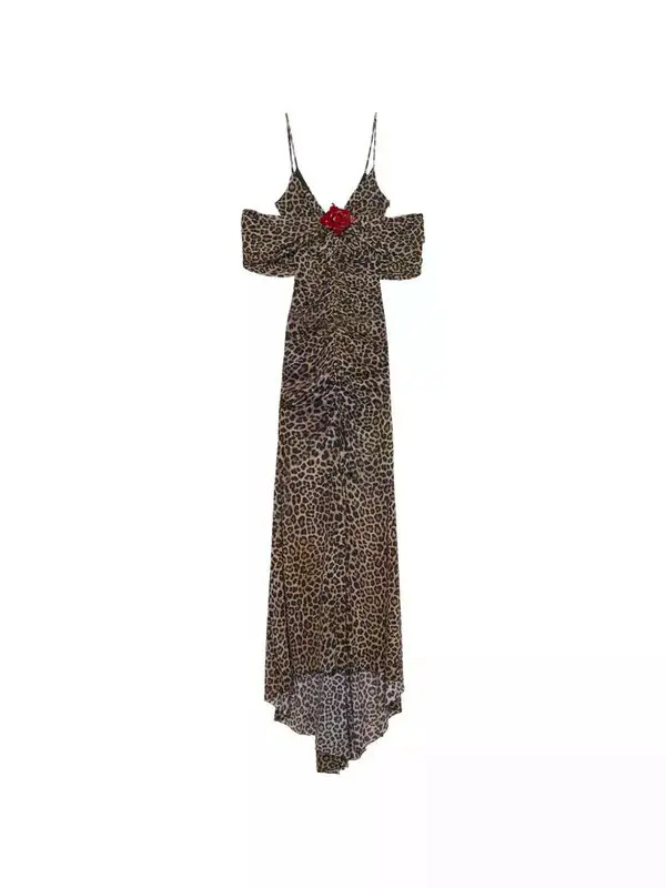 Blumarine Leopard-print Brooch-detail Maxi Dress - Brown