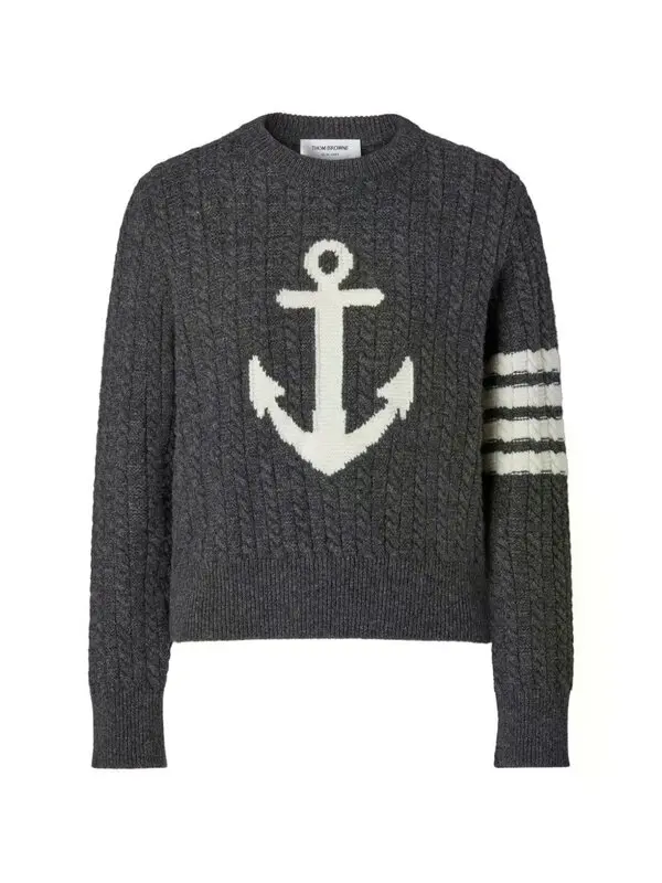 Thom Browne Merino Wool 4-bar Intarsia Anchor Pullover - Grey