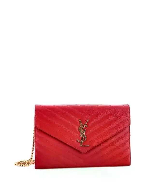 Saint Laurent Classic Monogram Wallet On Chain Matelasse Chevron Leather Medium Crossbody Bag - Red