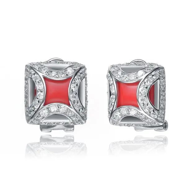 GENEVIVE Silver / White / Red Cubic Zirconia Sterling Silver White Gold Plated Coral Square Shape Earrings - Silver/white/red