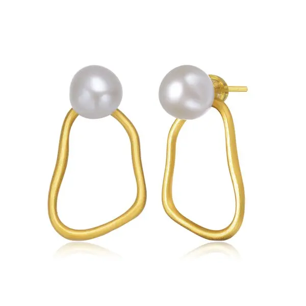GENEVIVE Sterling Silver Plated With Genuine Freshwater Round Pearl Drop Earrings - Gold