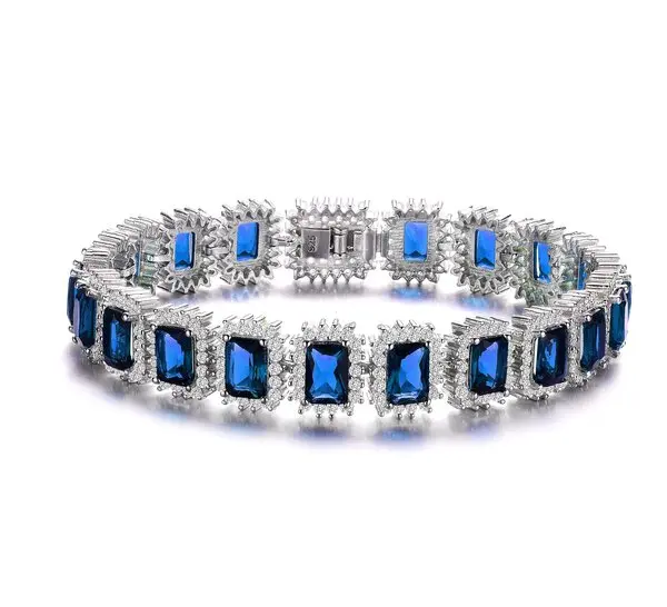 GENEVIVE Sterling Silver With Sapphire Cubic Zirconia Rectangular Halo Cluster Link Vintage Tennis Bracelet - Blue