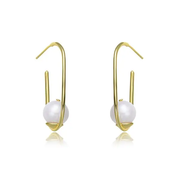 GENEVIVE Stylish Sterling Silver Plating & Genuine Freshwater Pearl Hoop Earrings - Gold