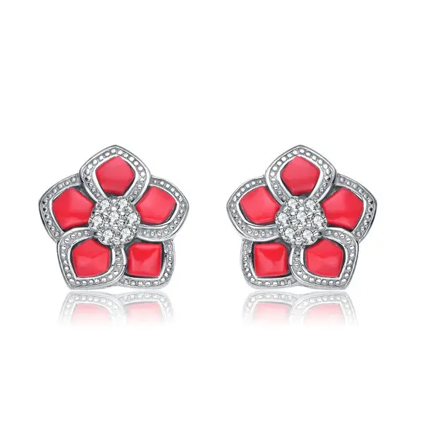 GENEVIVE White / Red / Silver Sterling Silver Cubic Zirconia Coral Flower Earrings - White/red/silver