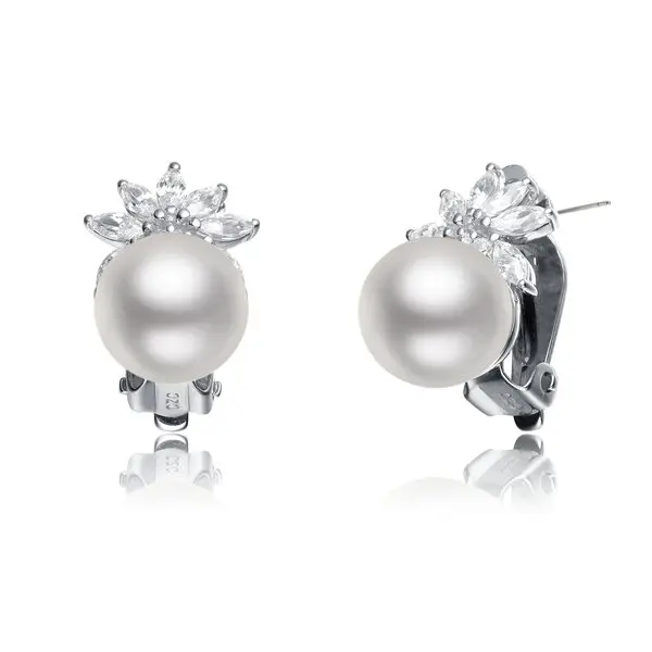 GENEVIVE Silver / White Sterling Silver White Gold Plated With Clear Cubic Zirconia & White Pearl Earrings - Silver/white