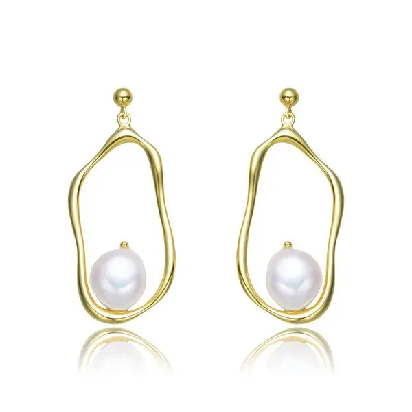 GENEVIVE Sterling Silver Plating With Genuine Freshwater Pearl Abstract Pear-shaped Outline Dangling Earrings - Gold