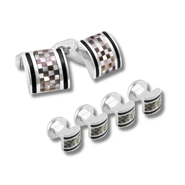 Tateossian Thompson D-shape Black Mother Of Pearl Mosaic Cufflink And Studs Set - Silver