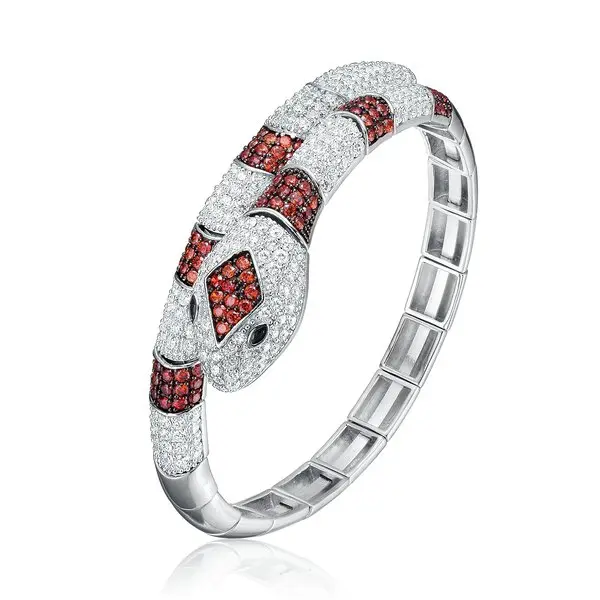 GENEVIVE Sterling Silver White Gold Plated With Cubic Zirconia Serpent Bracelet - Red