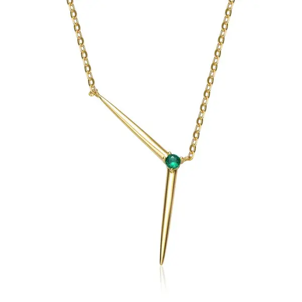 GENEVIVE Sterling Silver Gold Plated With Emerald Cubic Zirconia Solar Chevron Necklace - Green