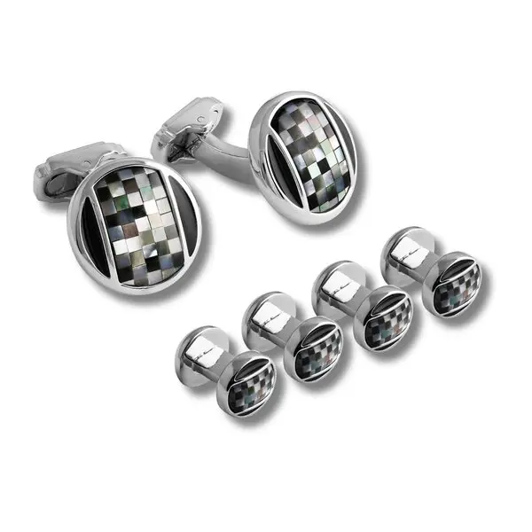 Tateossian Black / Grey Thompson Black Mother Of Pearl Mosaic Cufflink And Stud Set - Black/grey
