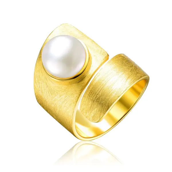 GENEVIVE Sterling Silver Plated With Genuine Freshwater Pearl Modern Bypass Ring - Gold