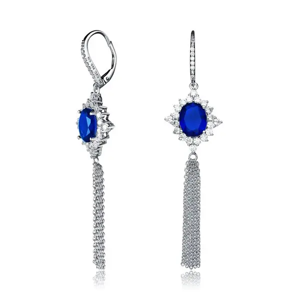 GENEVIVE Sterling Silver Deep Blue Cubic Zirconia Tassel Earrings - Blue/white/silver