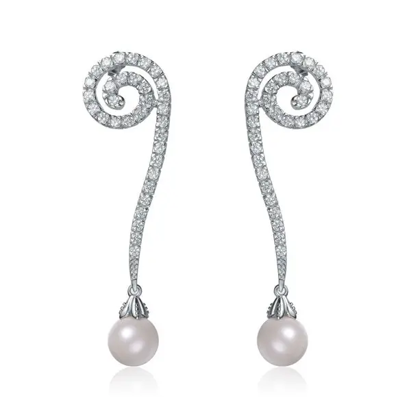 GENEVIVE Cubic Zirconia Sterling Silver White Gold Plated Long Drop Ten Mm Pearl Earrings - White/silver