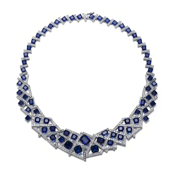 GENEVIVE Blue / White Rachel Glauber Three-d Geometric Cluster Basketweave Stack Graduated Eternity Formal Necklace - Blue/white