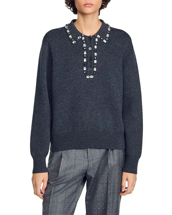Sandro Antonia Embellished Polo Collar Sweater - Grey