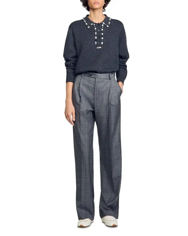 Sandro Antonia Embellished Polo Collar Sweater