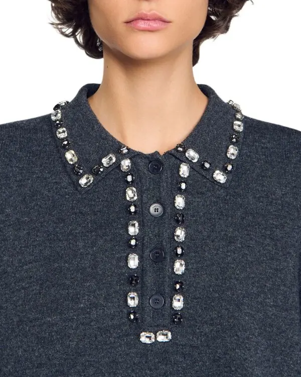 Sandro Antonia Embellished Polo Collar Sweater