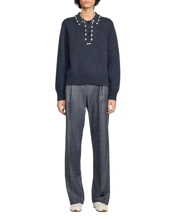 Sandro Antonia Embellished Polo Collar Sweater