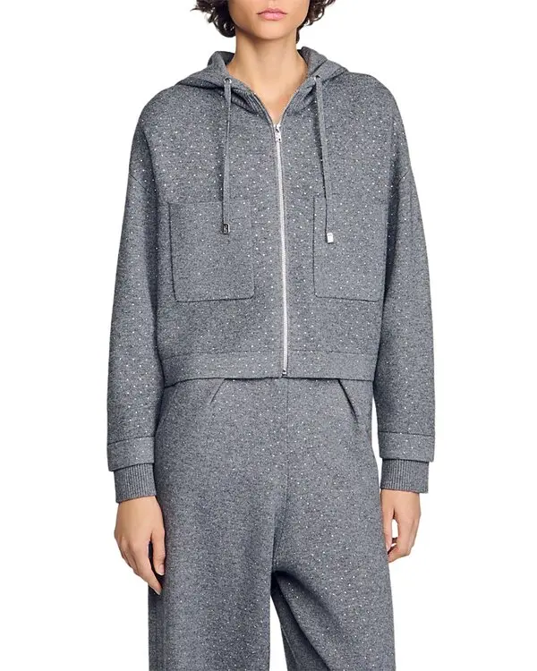 Sandro Luce Hooded Rhinestone Zip Cardigan