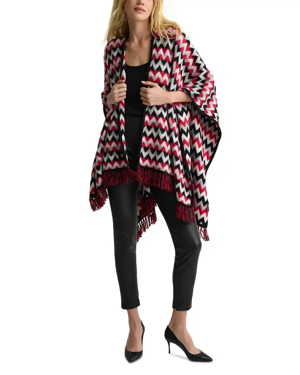 St. John Zigzag Stripes Frayed Hem Poncho - Cardinal Multi