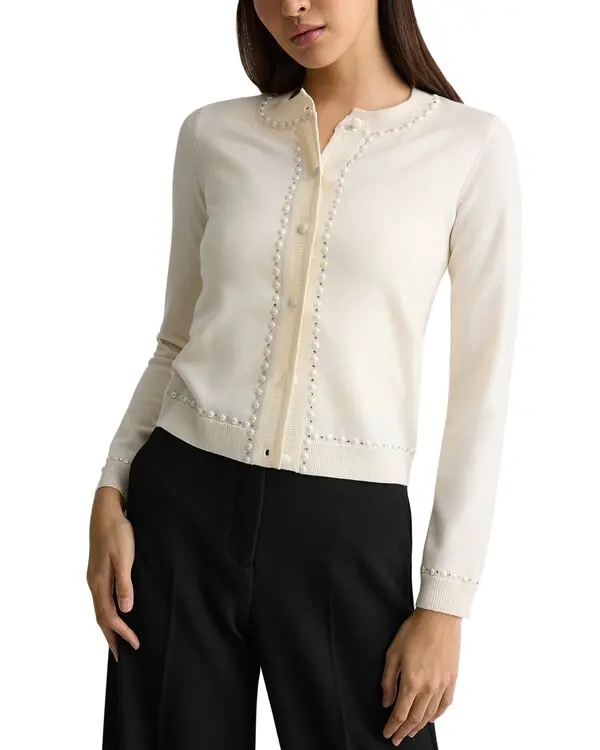 St. John Wool Embellished Edge Cardigan - Ecru