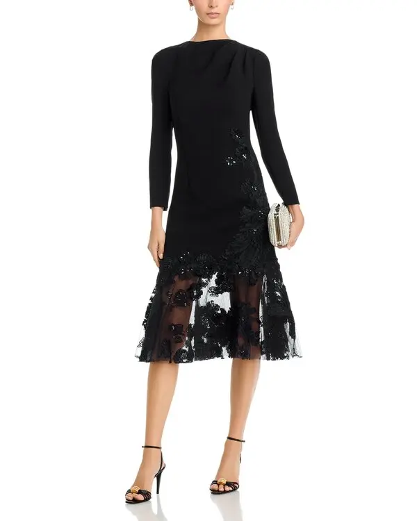 Rickie Freeman For Teri Jon Crepe Long Sleeve Embellished Hem Dress